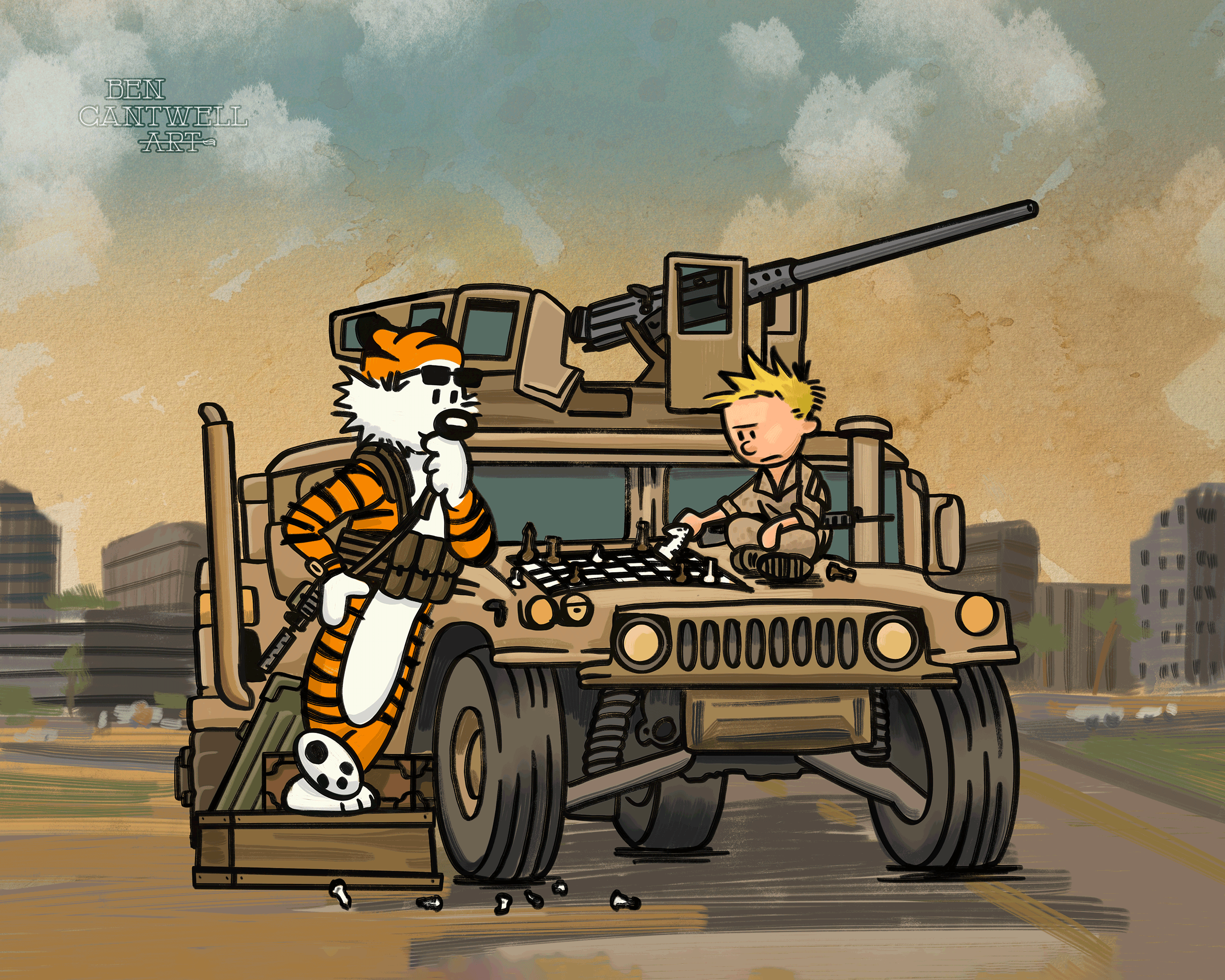 Calvin and Hobbes Playing chess on a Humvee | American Fire Brigade